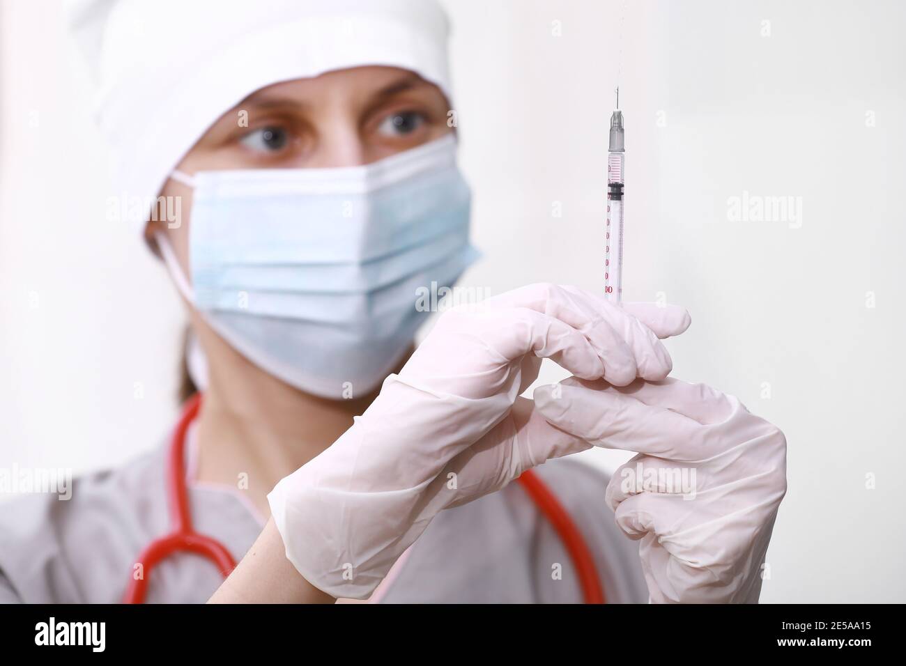 Syringe, medical injection in hand, palm or fingers. Medicine plastic ...