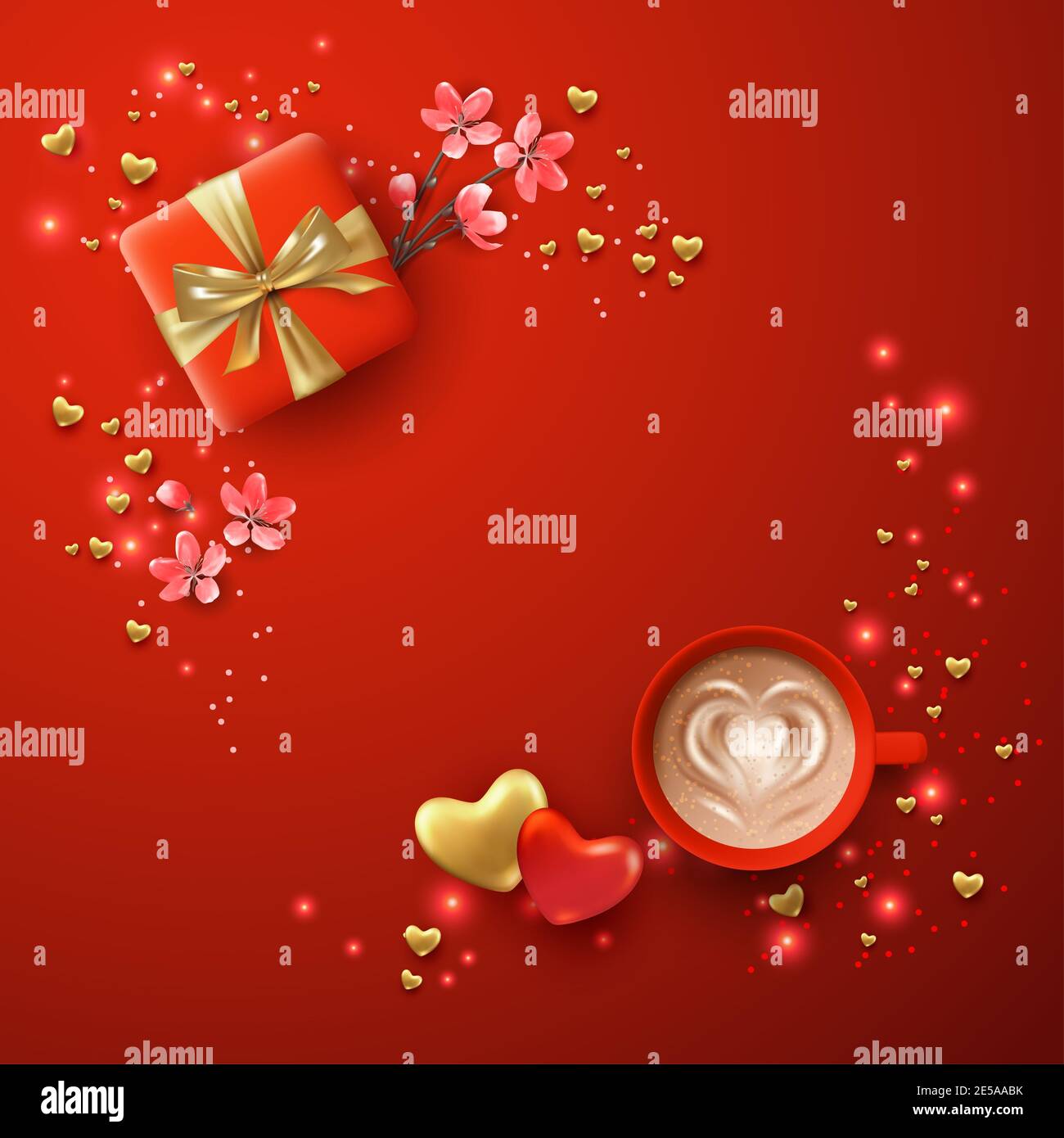 Valentine's day banner concept with a gift, pink flowers and a cup of ...
