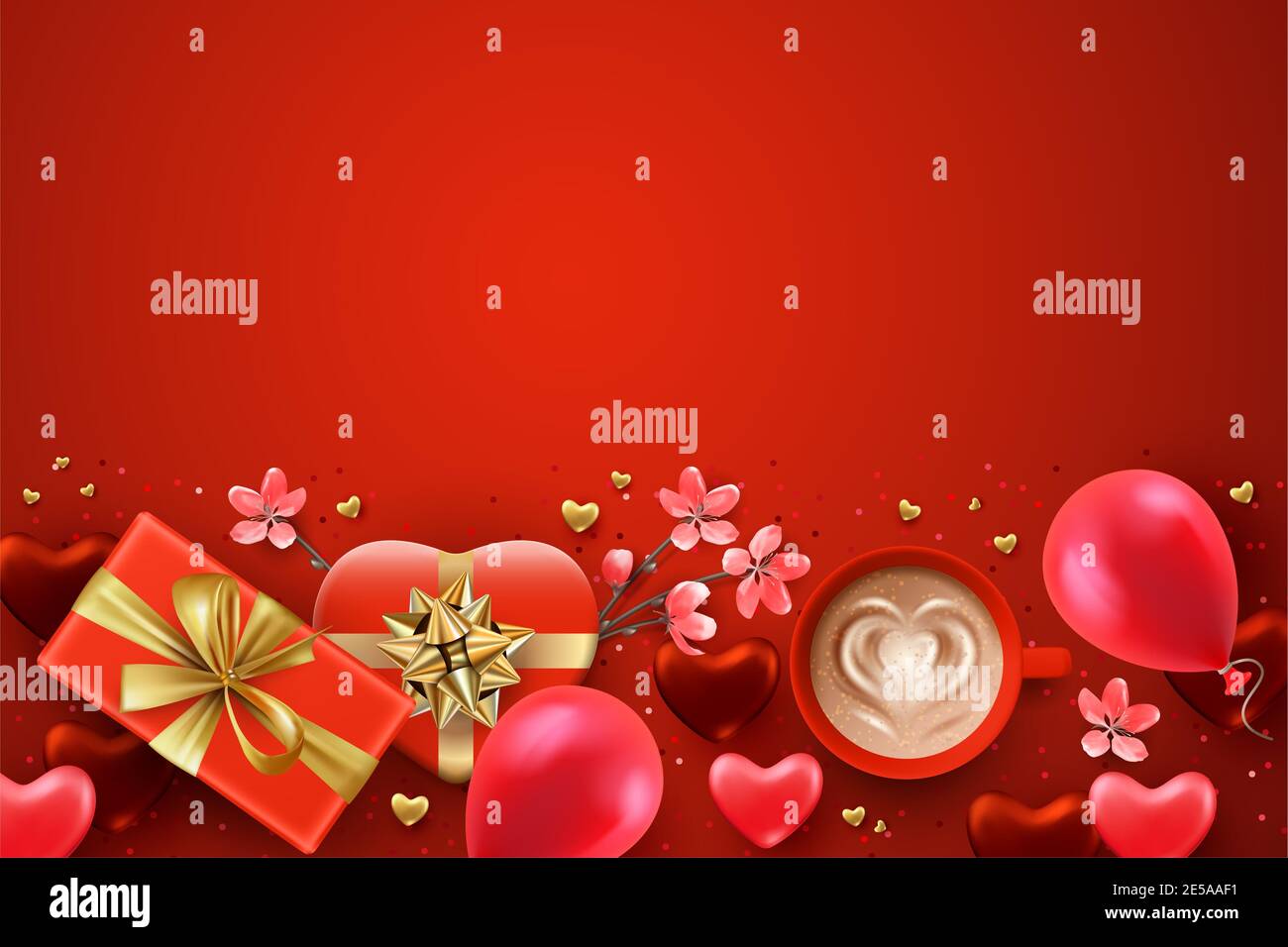 Valentine's day banner with a gifts, a cup of coffee and balloons. 3D ...