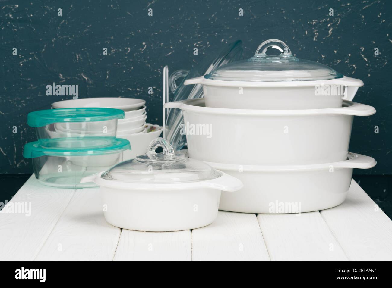 White pot cookware in a kitchen interior Stock Photo - Alamy