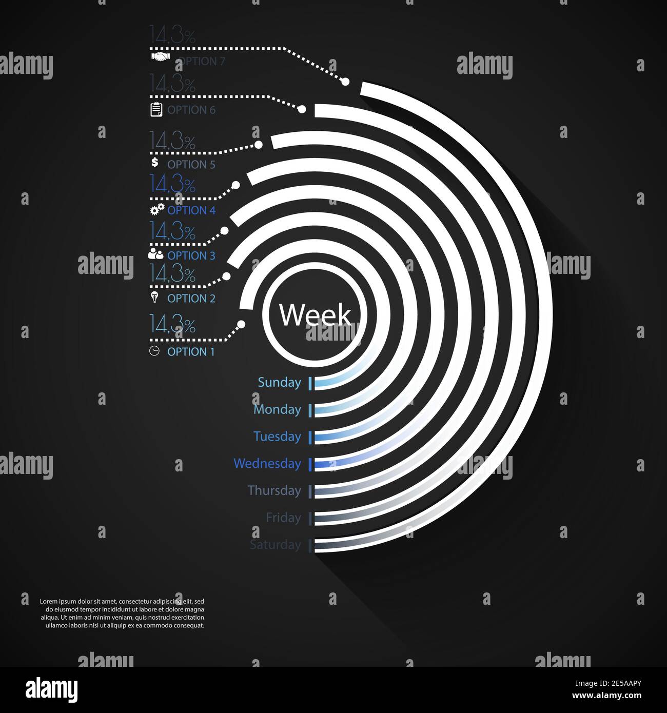 Infographics days of week. Marketing icons with 7 options Stock Vector ...