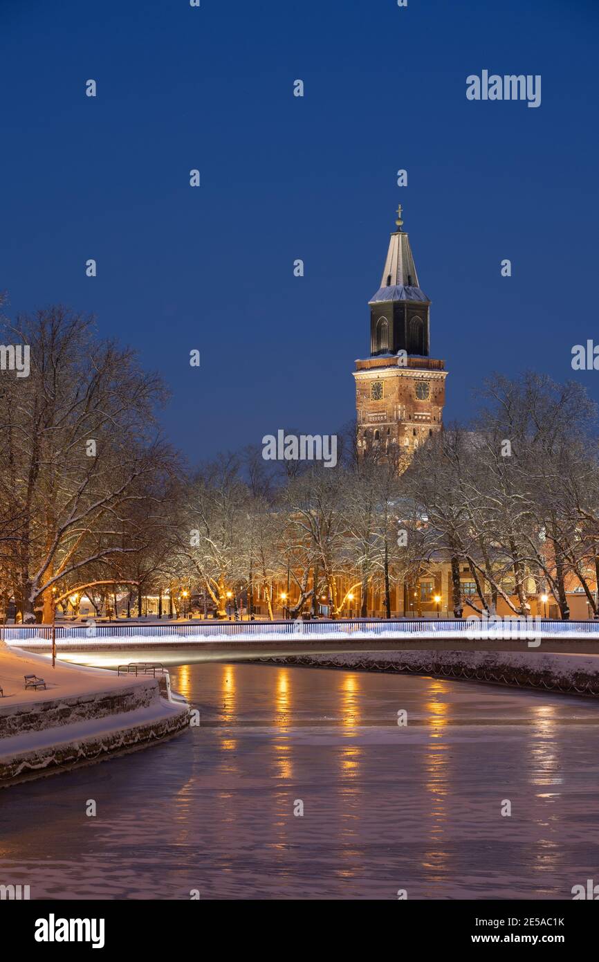 The tower of Turku Cathedral in winter night in Turku, Finland Stock ...
