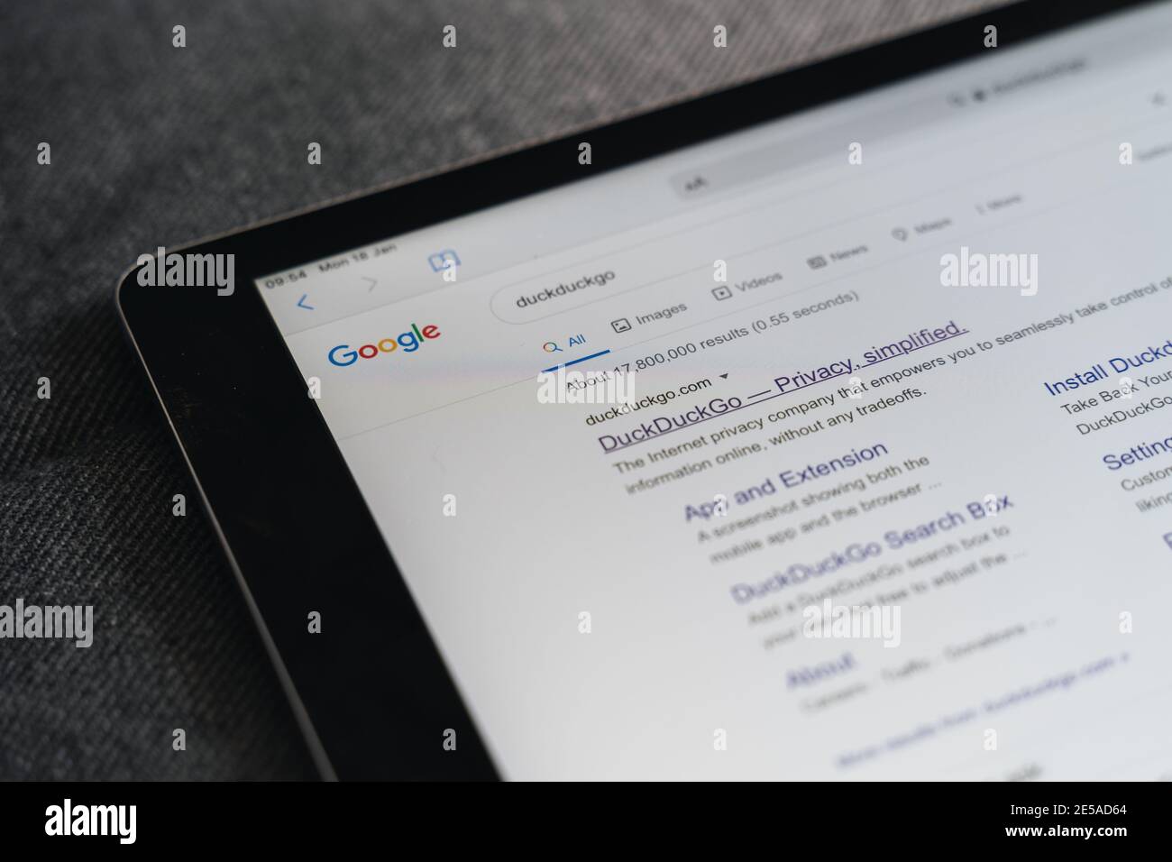 Poltava, Ukraine - Jan 2021 Googling duckduckgo searching engine for ...