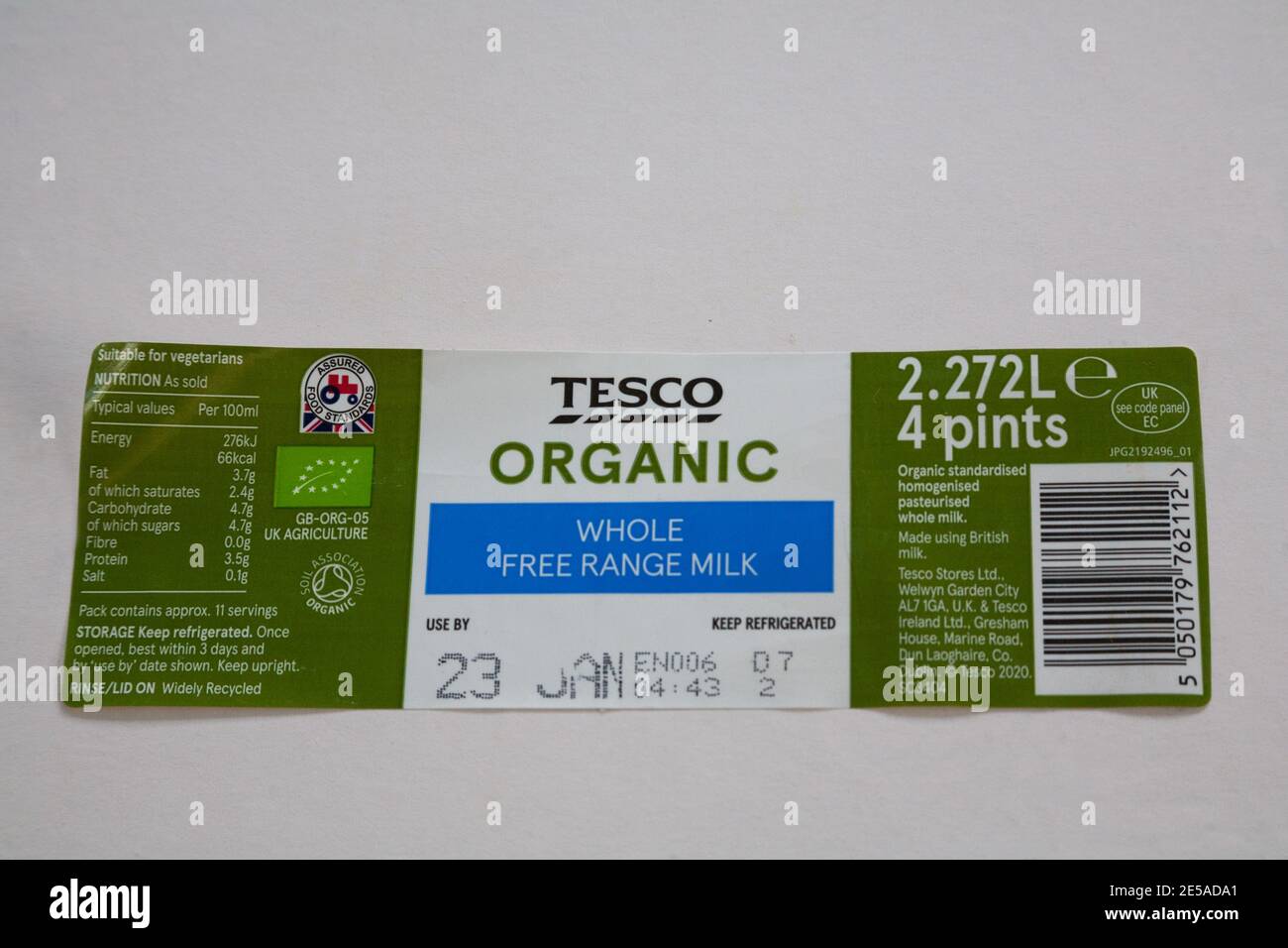 Label from Bottle of 4 pints of Tesco Organic Whole Free Range Milk ...