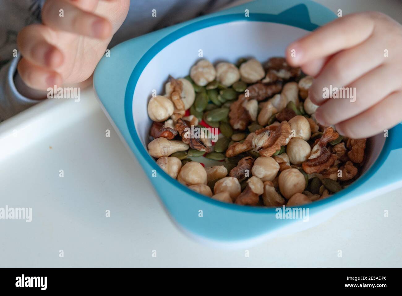 The toddler eats raw nuts from the children's plate with his hands ...