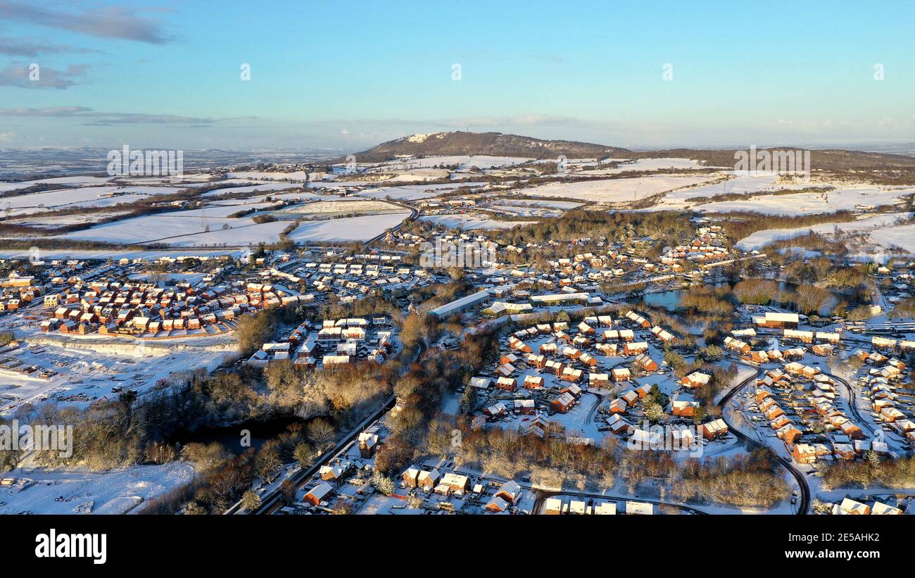 Aerial view modern housing estate with houses covered in snow at Lawley ...