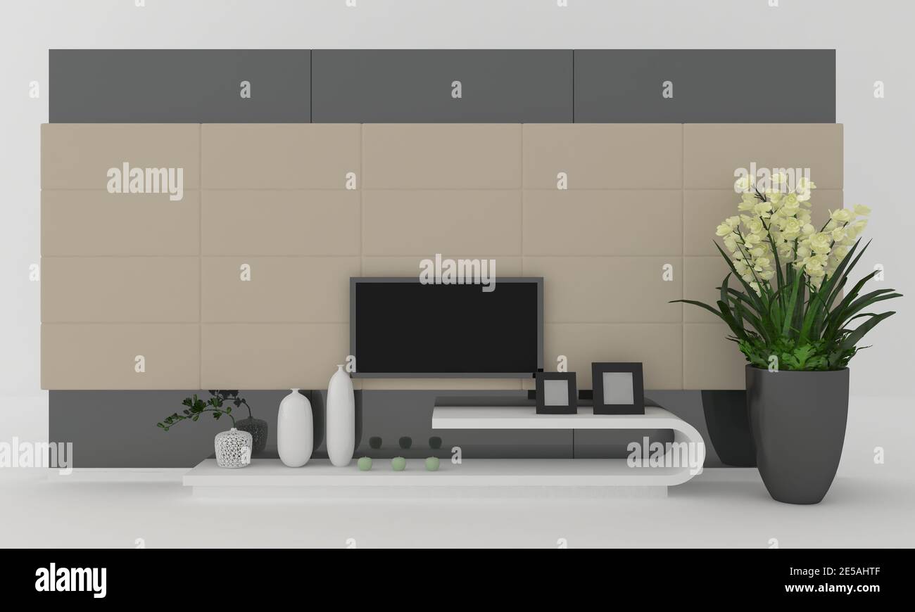 3d render of a TV set, table, and decoratives in a l Stock Photo - Alamy
