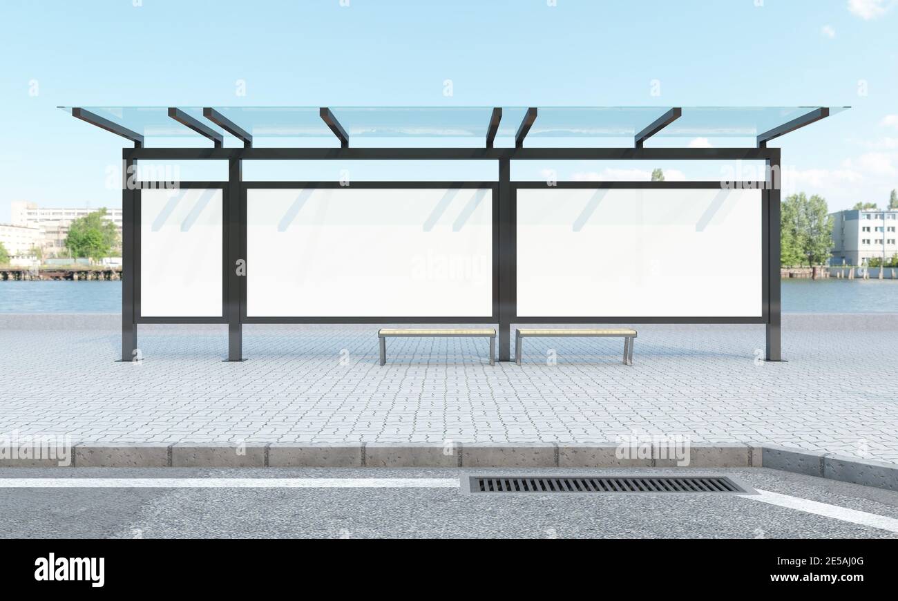 3d render of an empty bus station on the pavement with buildings in the ...