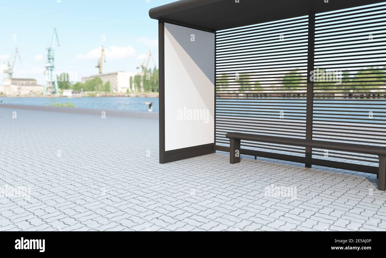3d render of an empty bus station on the pavement and buildings in the ...