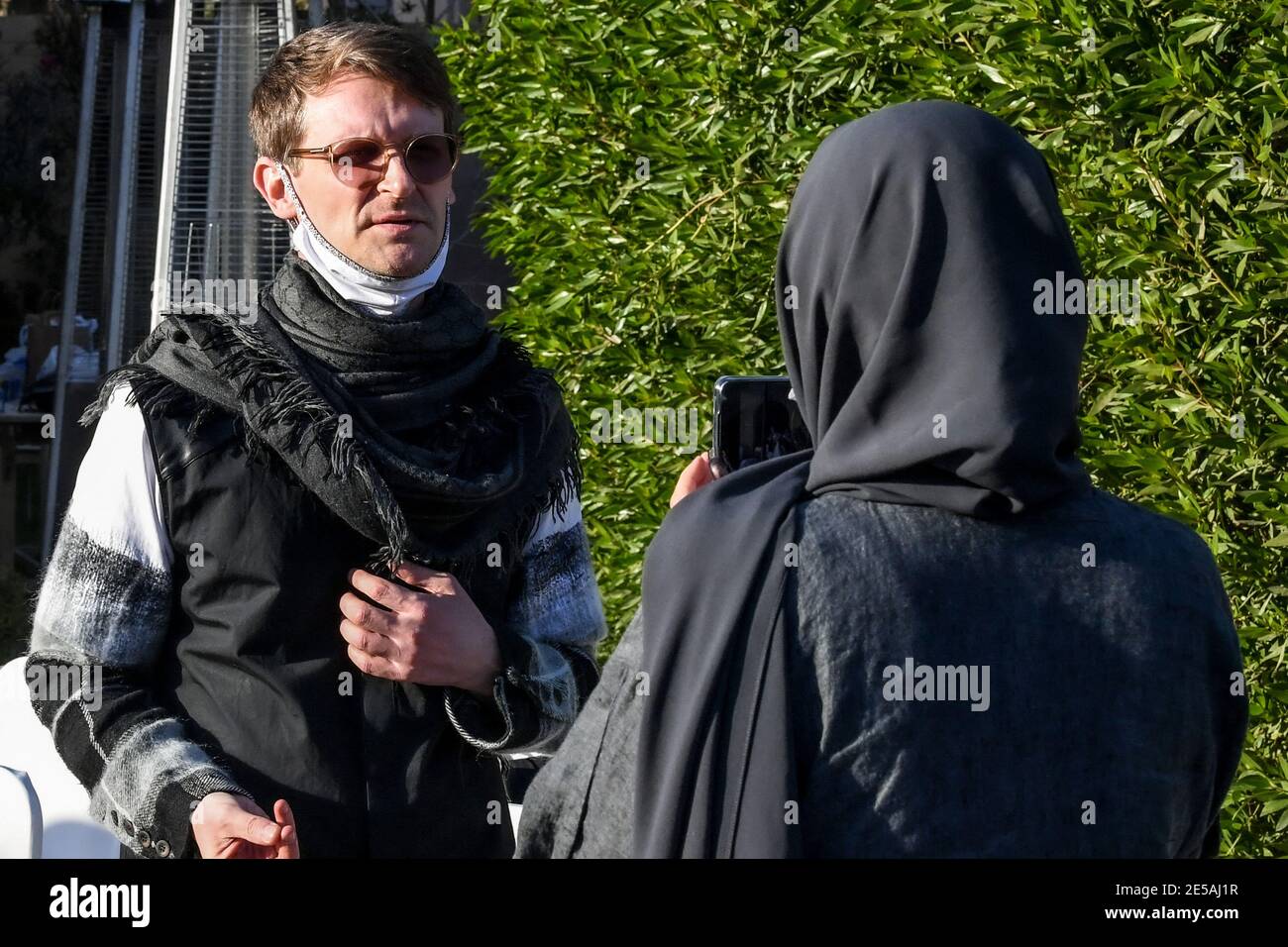 Belgian designer Christophe Beaufays talks at the end of fashion show ...