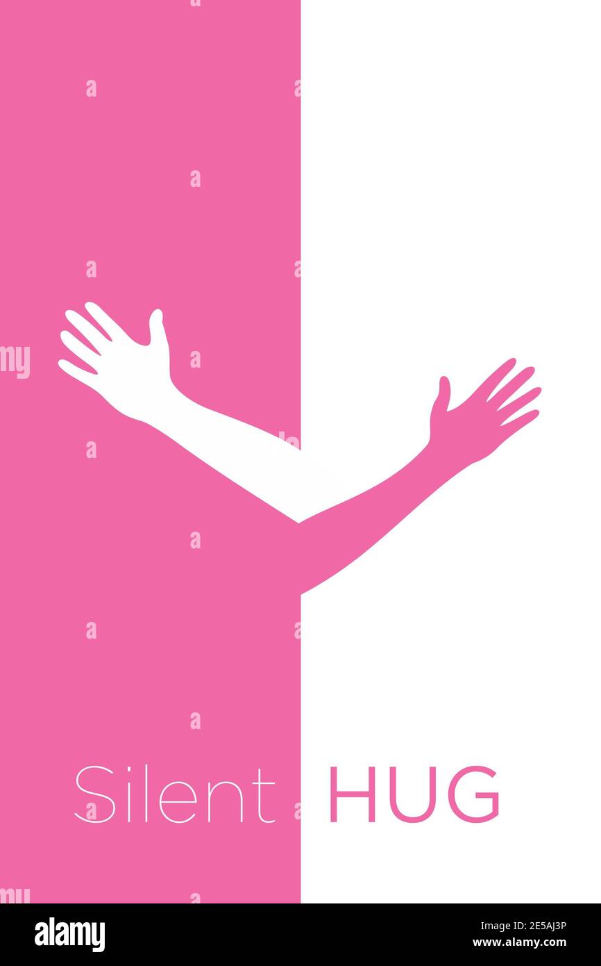 Illustration of a white hand and a pink hand with the words "Silent Hug ...