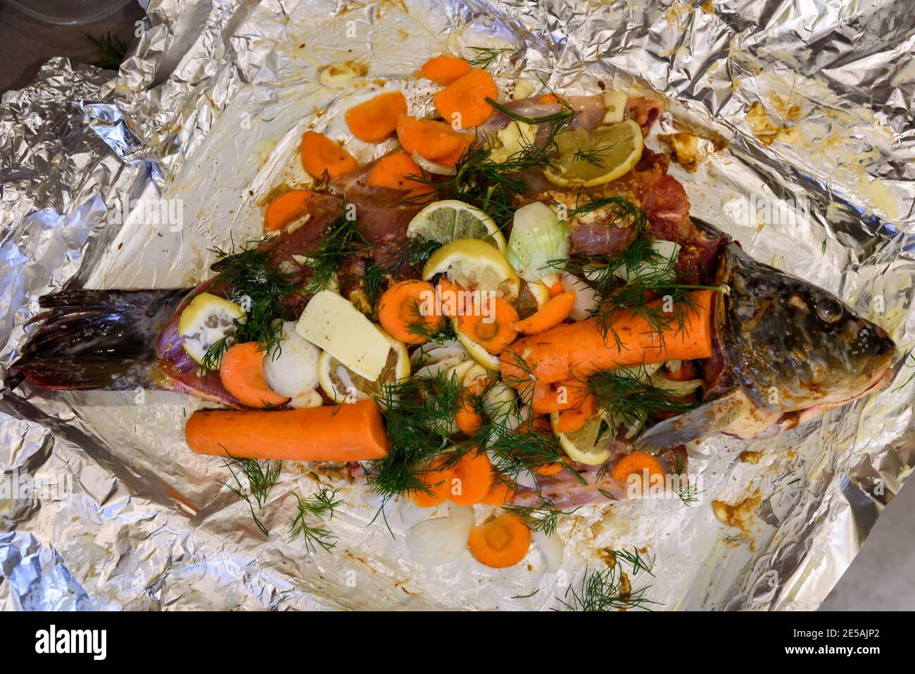 Stuffed carp fish prepared for cooking Stock Photo - Alamy