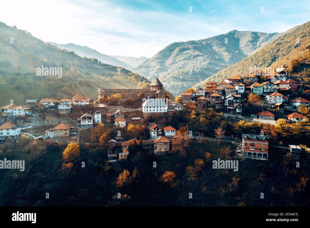 Aerial view of ancient city and castle of Vranduk in middle Bosnia ...