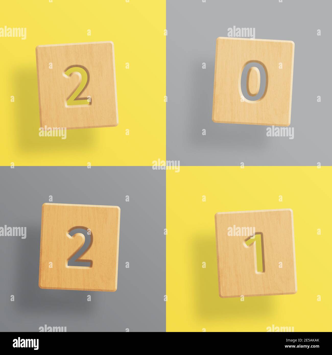 Wooden tiles with numbers against colors of the year 2021, illuminating ...