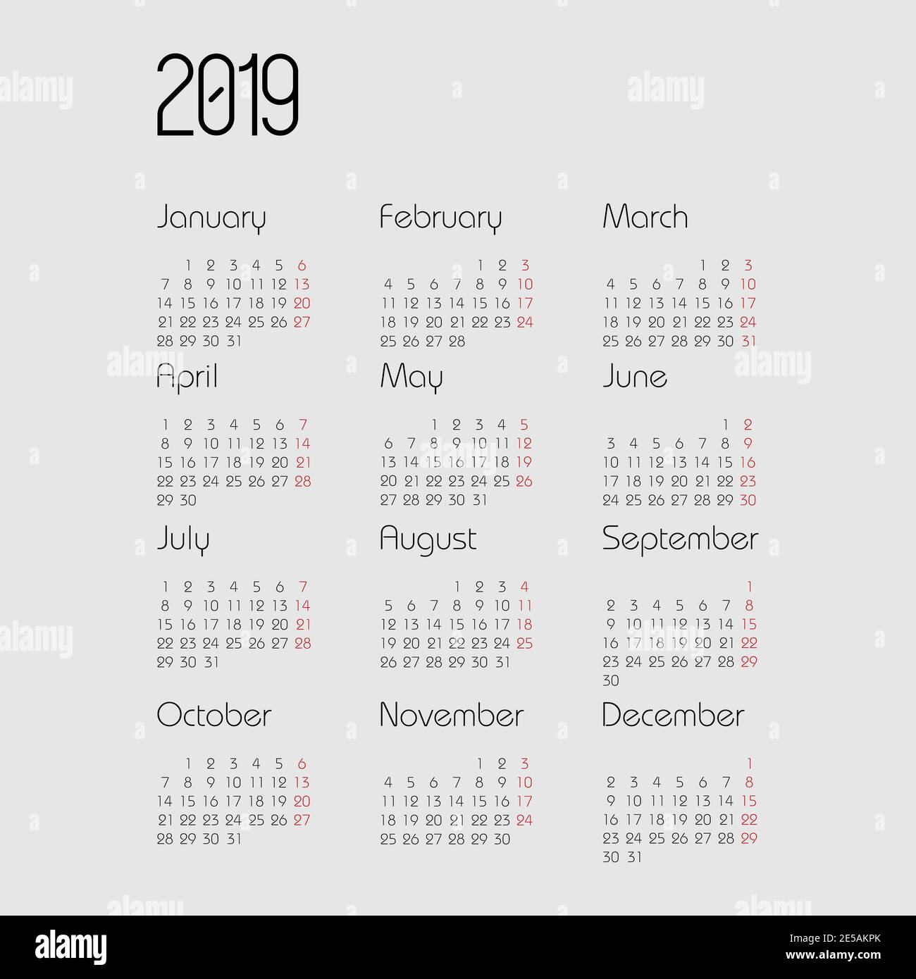 Vector calendar 2019 year. Planner design. Calendar 2019 vector ...