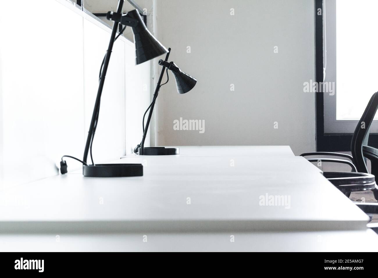 Morning in coworking. Contemporary office interior with furniture Stock ...