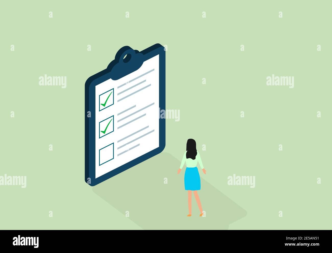 Business concept. Woman with checklist on clipboard. Isometric design ...