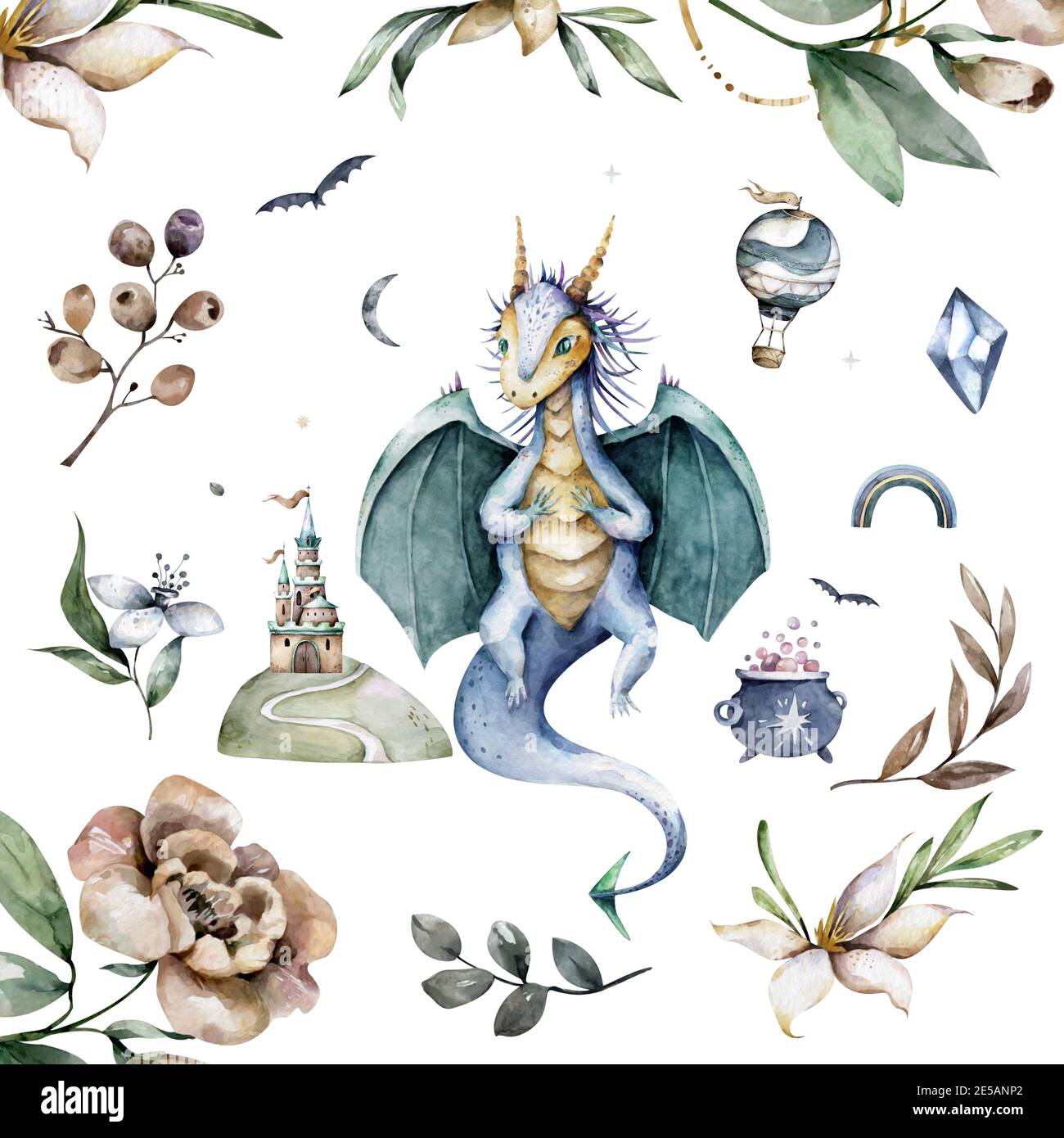 Set of fairytale Dragons. Hand drawn watercolor cute mythology cartoon ...