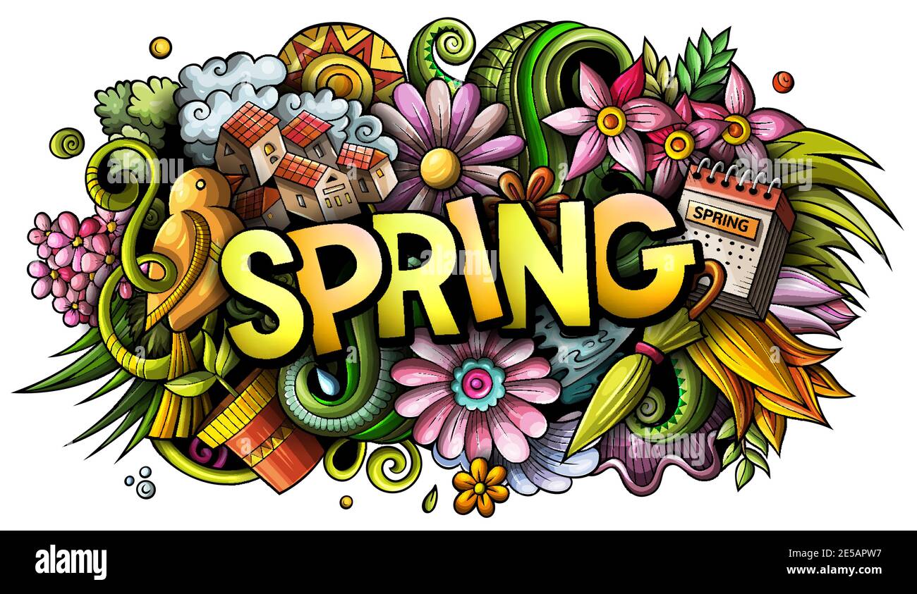 Spring hand drawn cartoon doodles illustration. Funny seasonal design ...