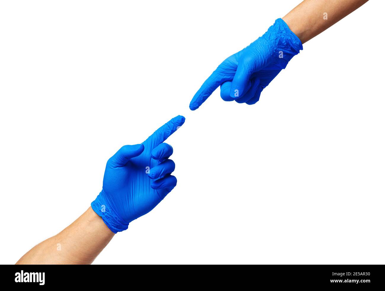 Male and female hands in medical gloves stretch to each other. Help ...