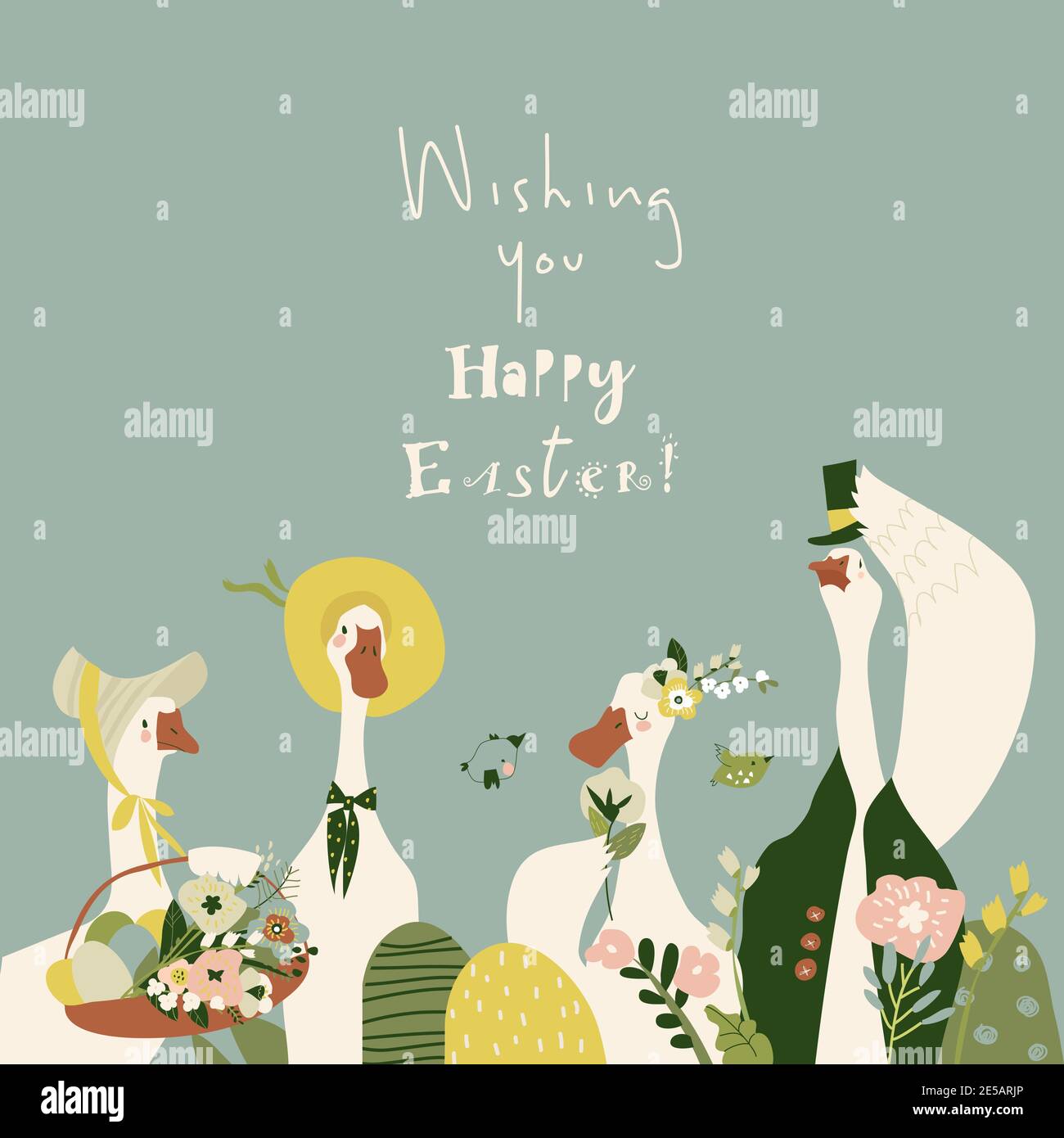 Cute cartoon gooses with Easter eggs and flowers Stock Vector Image ...