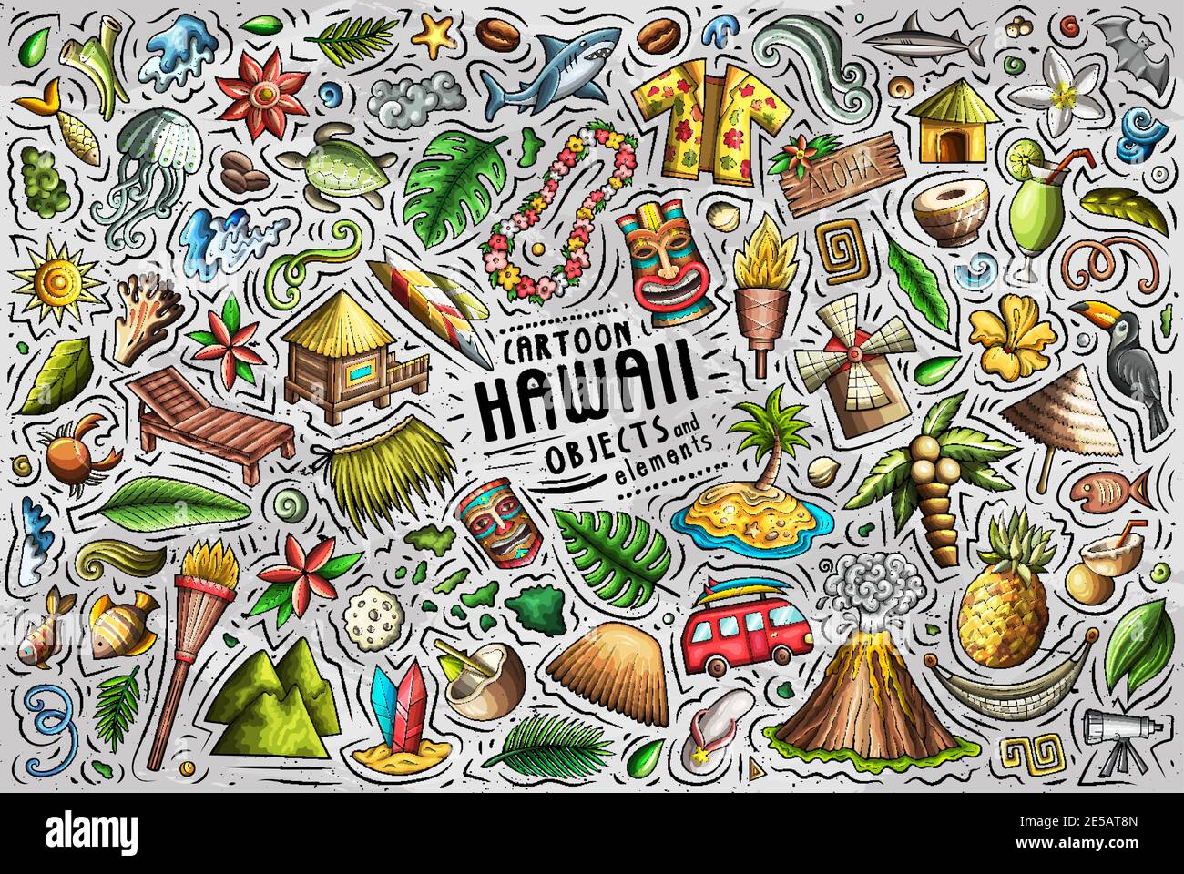 Colorful vector doodle cartoon set of Hawaii objects and symbols Stock ...