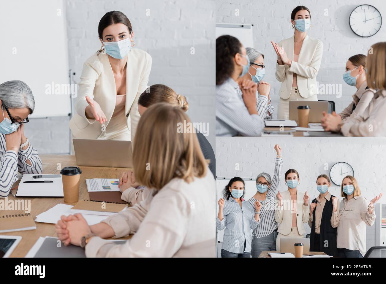 collage of team leader in medical mask near multicultural businesswomen ...