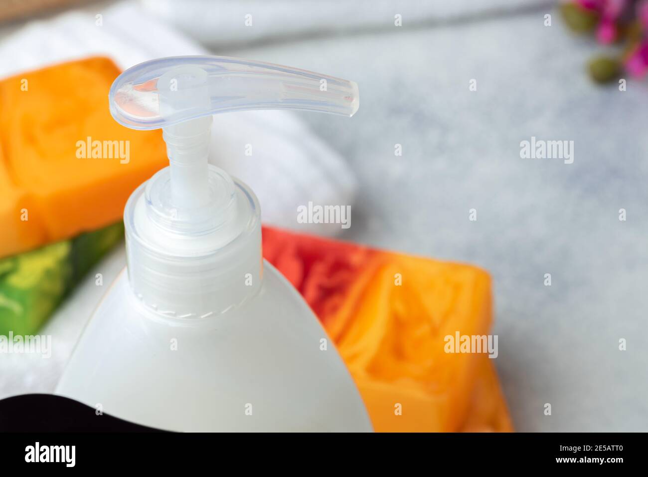 Liquid soap or body lotion set at hotel bathroom Stock Photo - Alamy