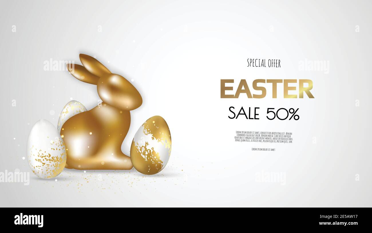 Happy Easter holiday banner template. White and gold eggs with golden ...
