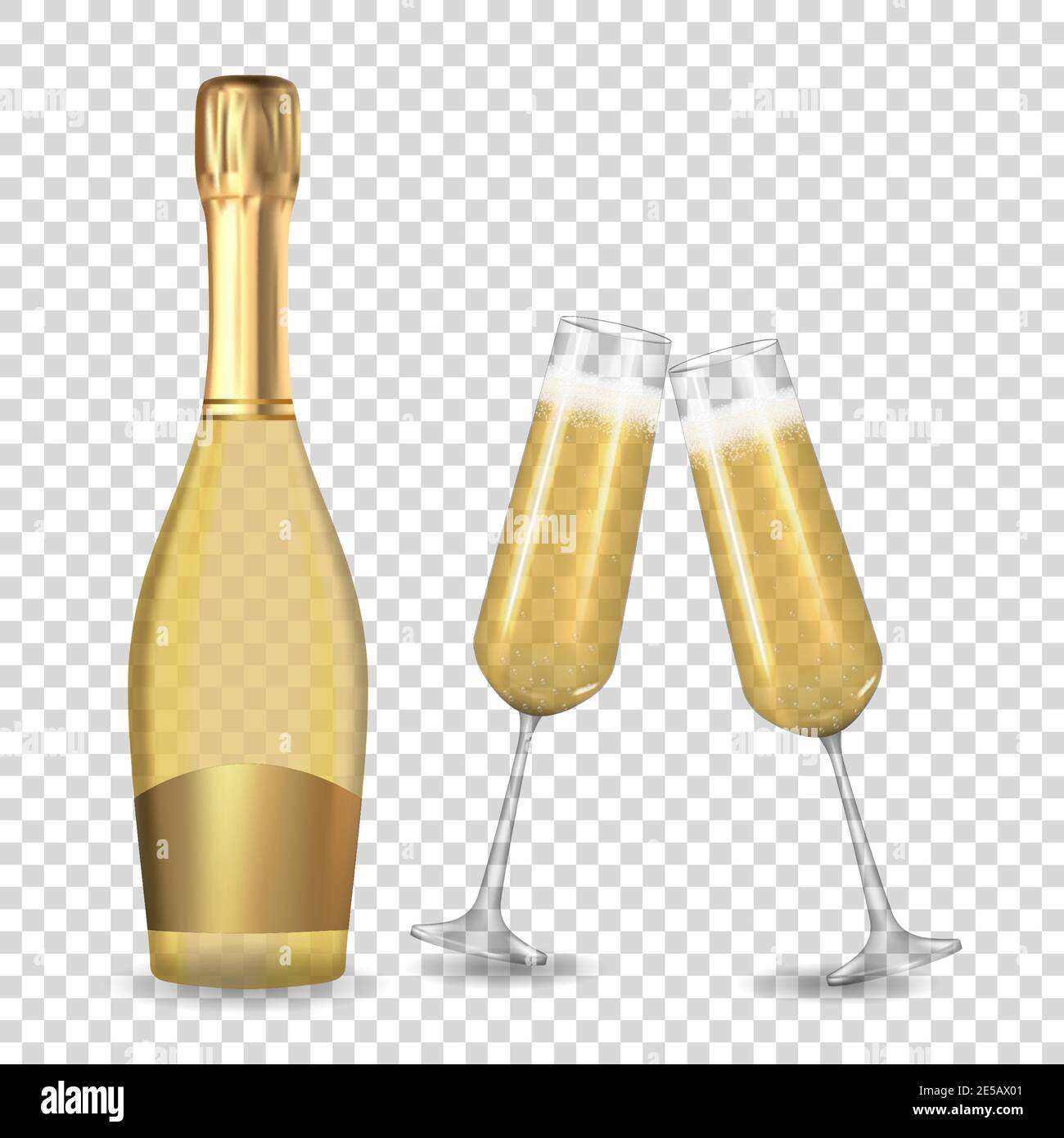 Realistic 3D champagne Golden Bottle and Glass Icon isolated on white ...