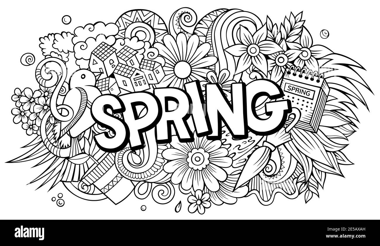 Spring hand drawn cartoon doodles illustration. Funny seasonal design ...