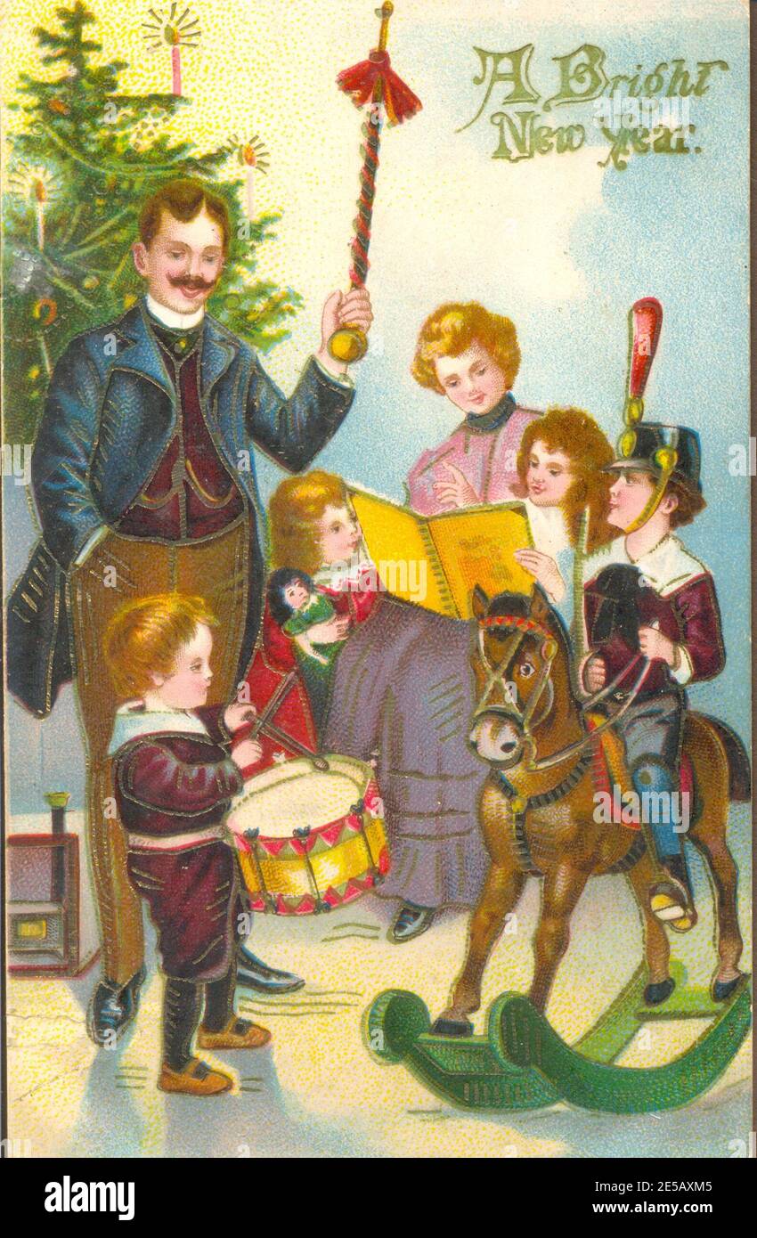 Chromolithographed postcard of family celebrating round Christmas tree ...