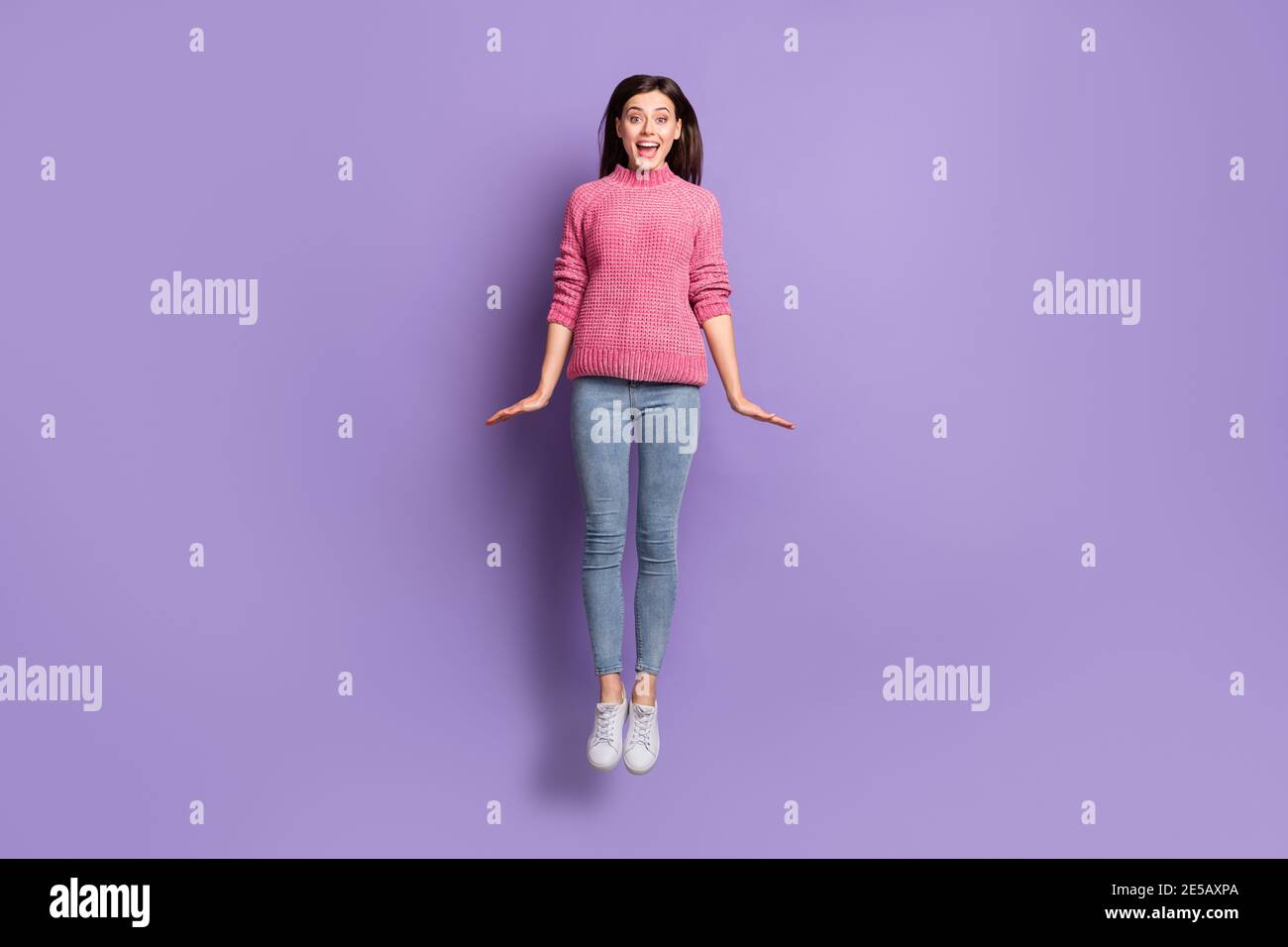 Full length body size photo of jumping high careless childish girl ...