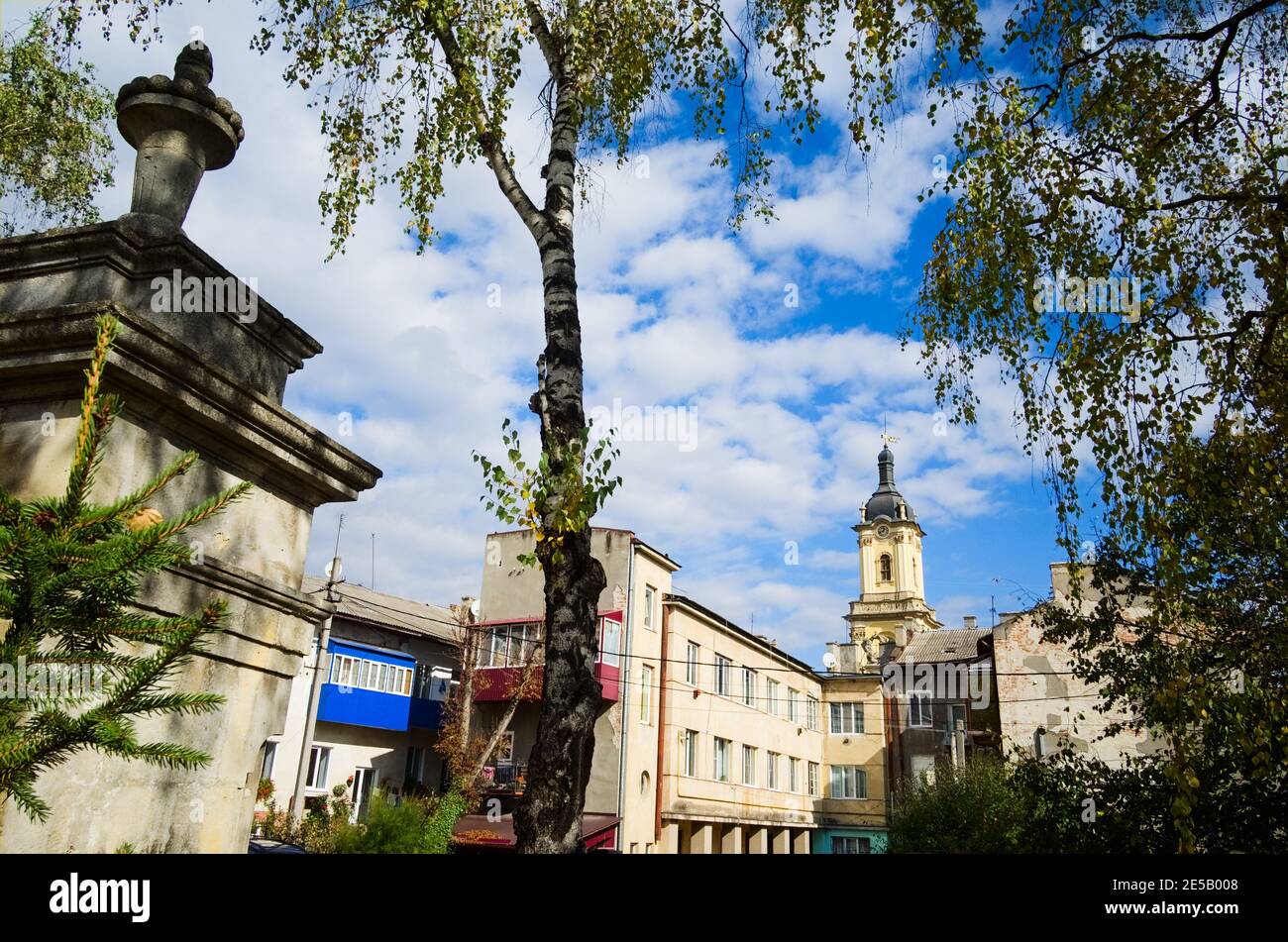 Town hall tower in a small Ukrainian town of West Ukraine. Buchach ...