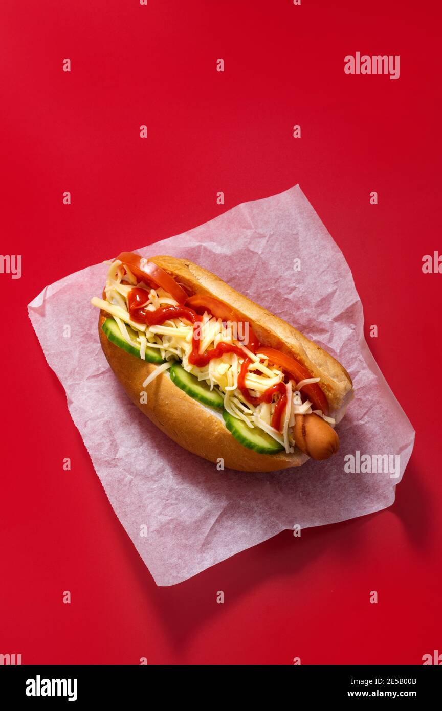 Gourmet dirty hot dog sandwich with various garnish on red background ...