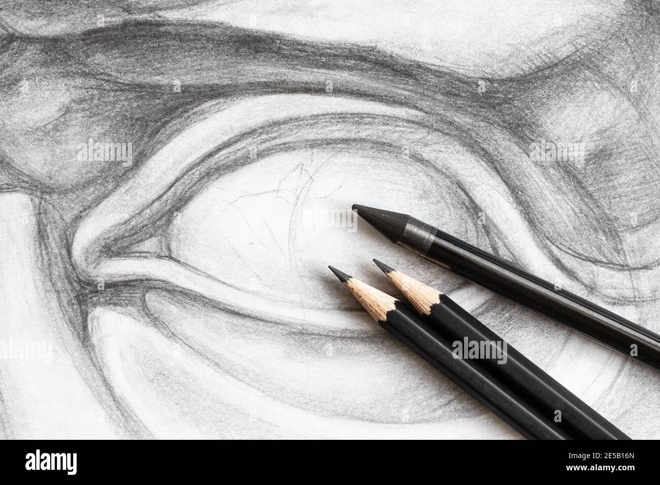 three graphite pencils on hand-drawn academic drawing of David's eye ...