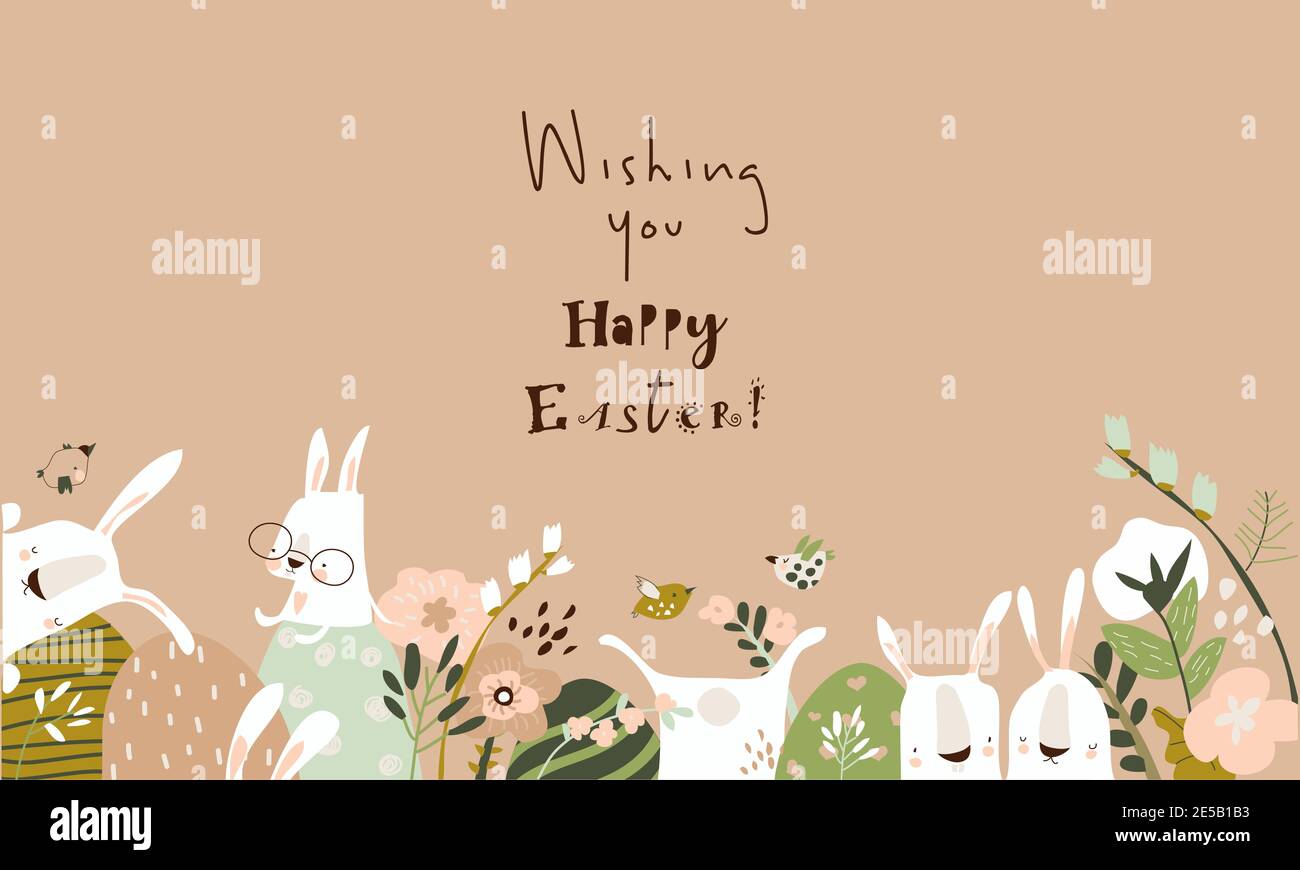 Cute cartoon bunny with Easter eggs and flowers Stock Vector Image ...