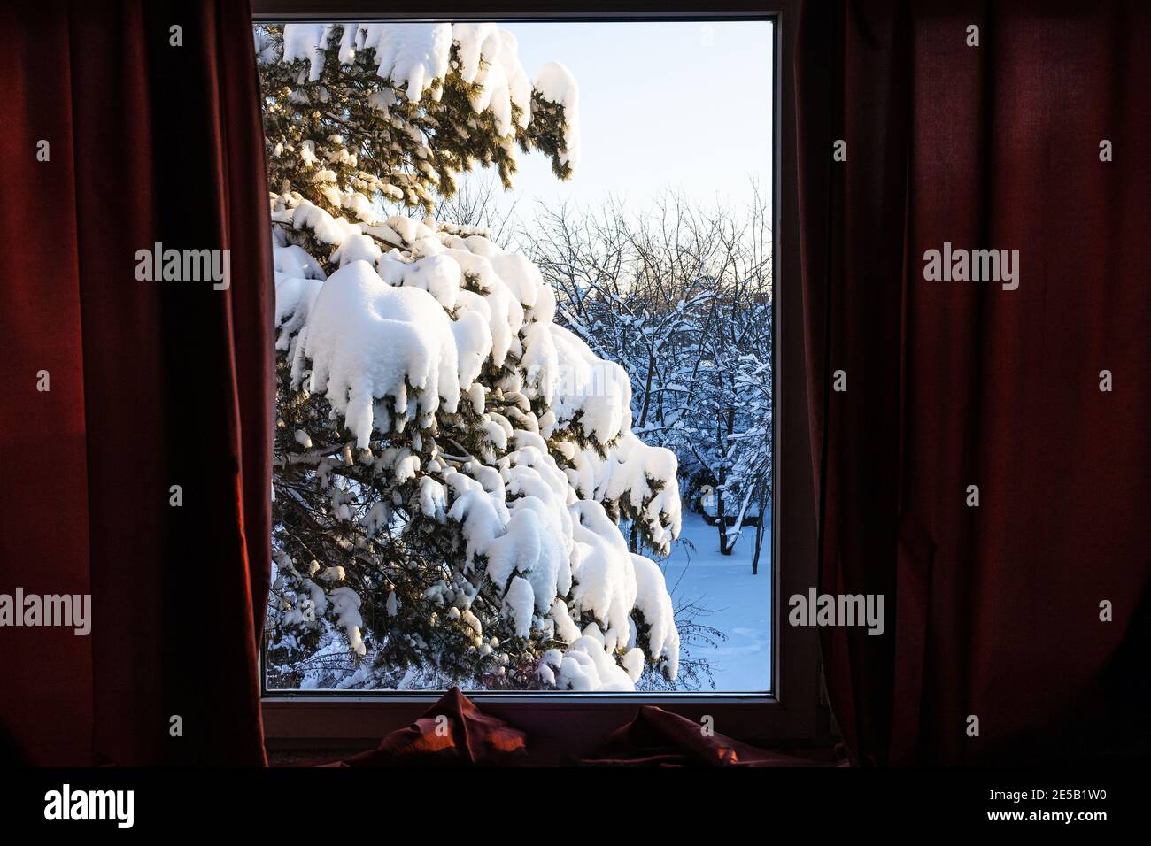 view of snowbound backyard through window on country house in cold ...