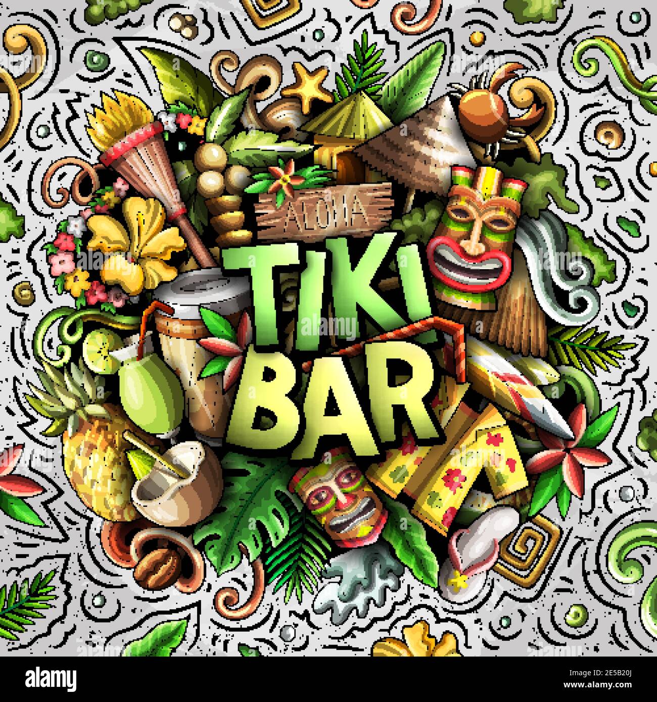Tiki Bar hand drawn cartoon doodle illustration. Funny Hawaiian design ...
