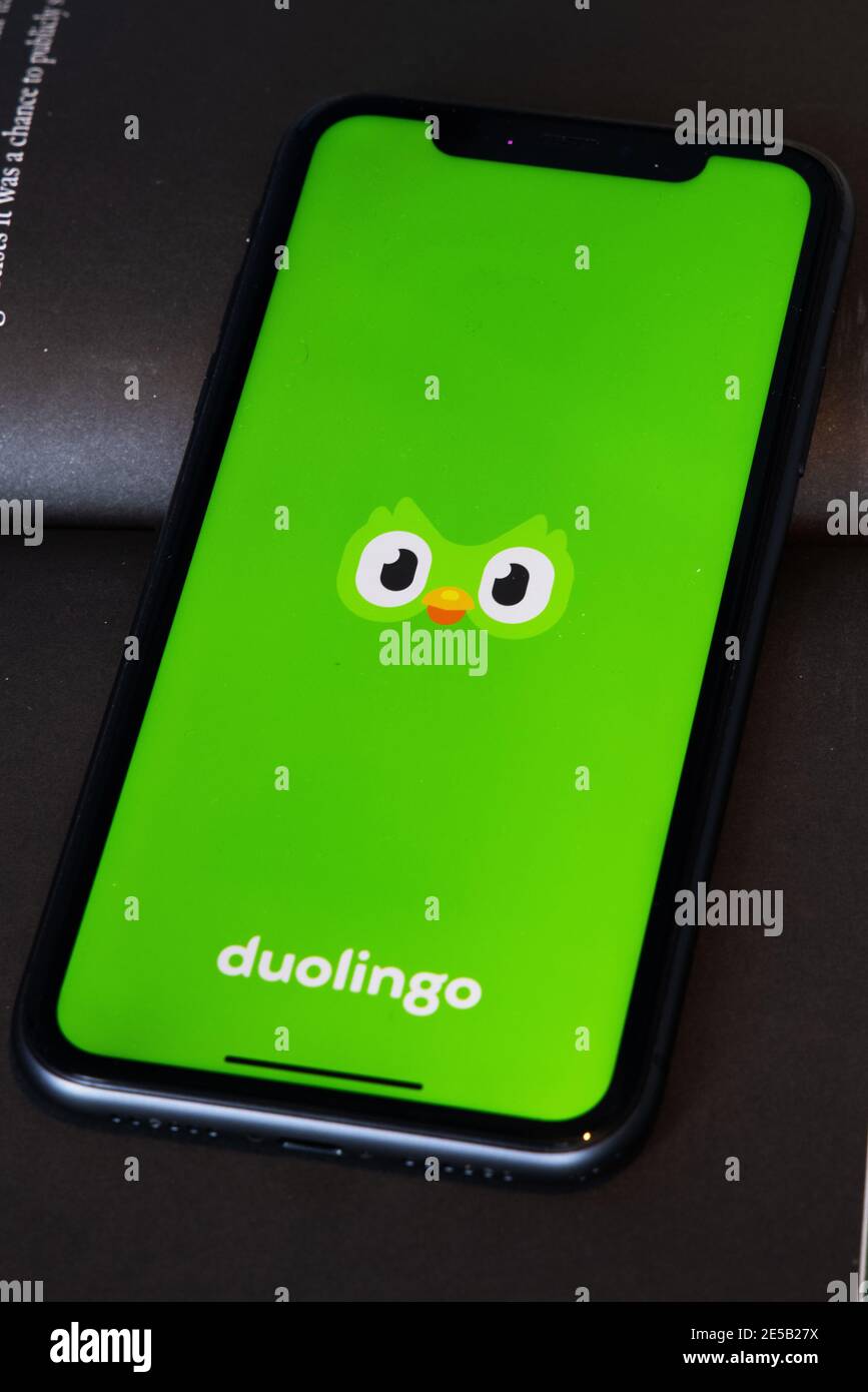 Duolingo app displayed on smart phone. Duolingo is an American language ...