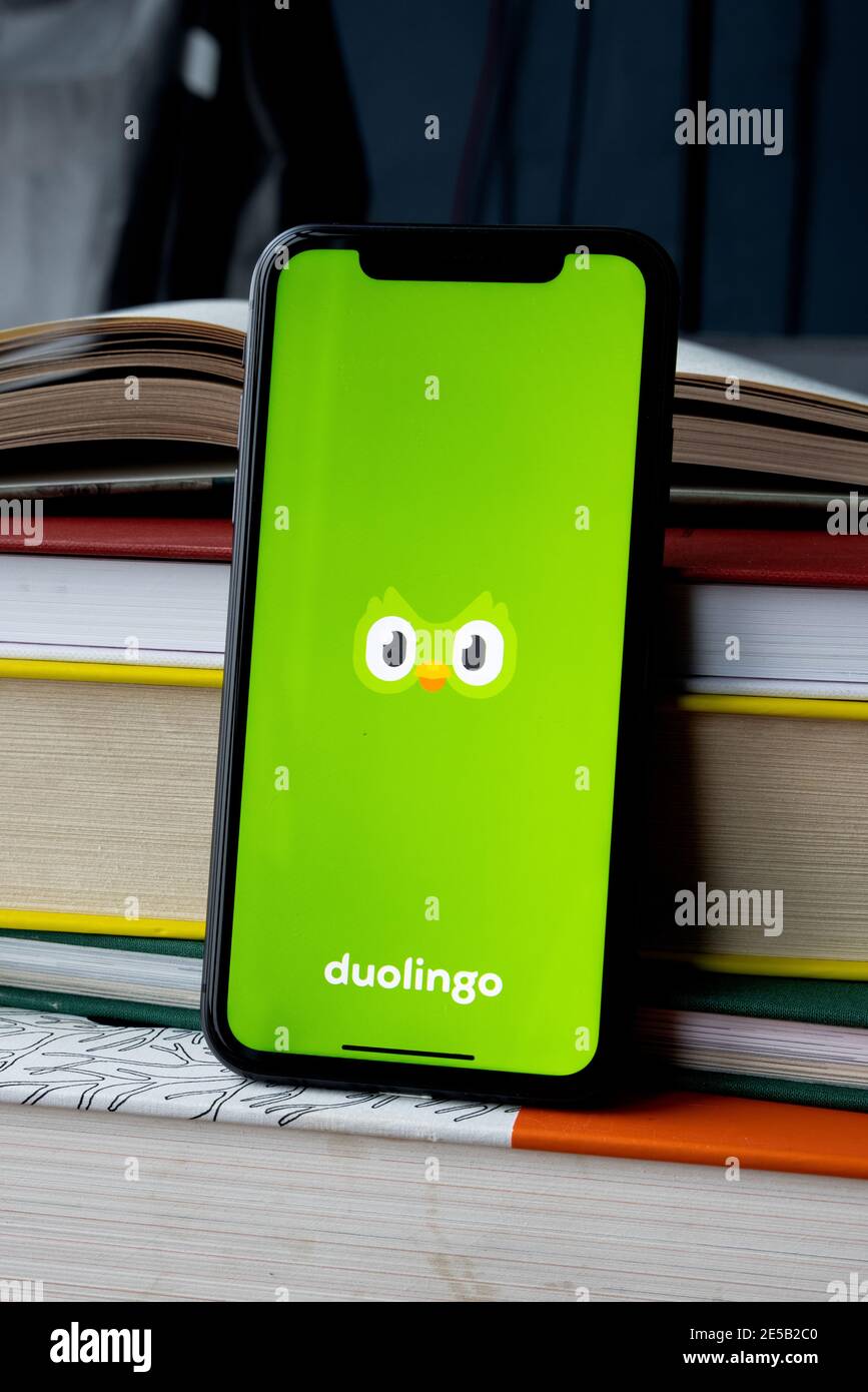 Duolingo app displayed on smart phone. Duolingo is an American language ...