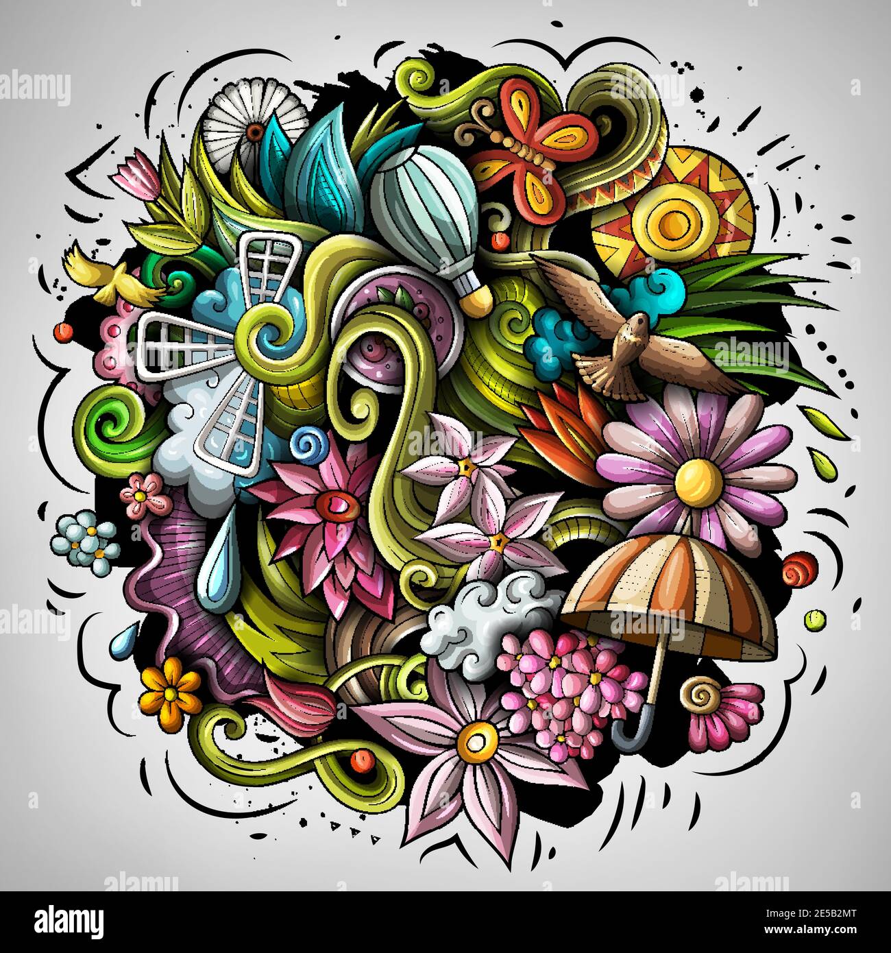 Spring hand drawn cartoon doodle illustration. Funny seasonal design ...