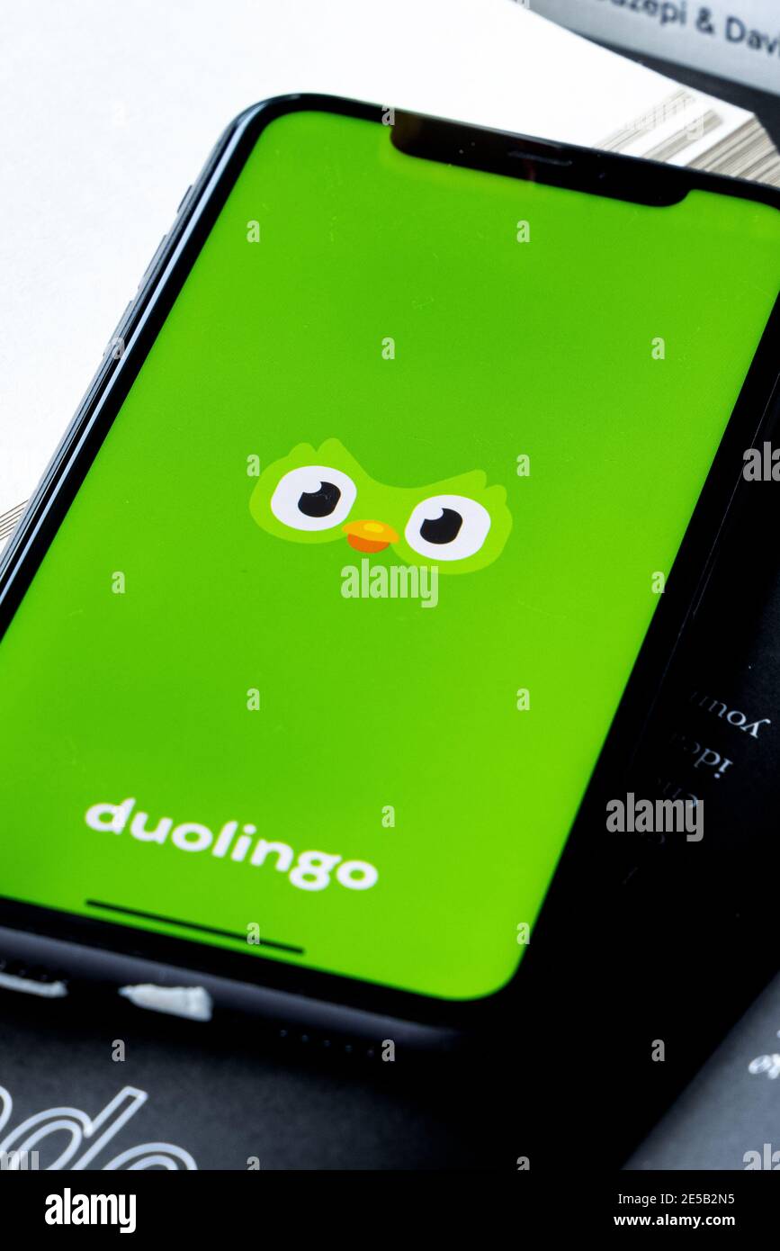 Duolingo app displayed on smart phone. Duolingo is an American language ...