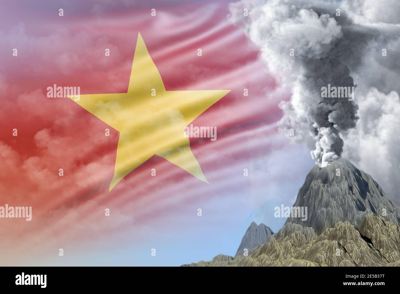 stratovolcano blast eruption at day time with white smoke on Vietnam ...