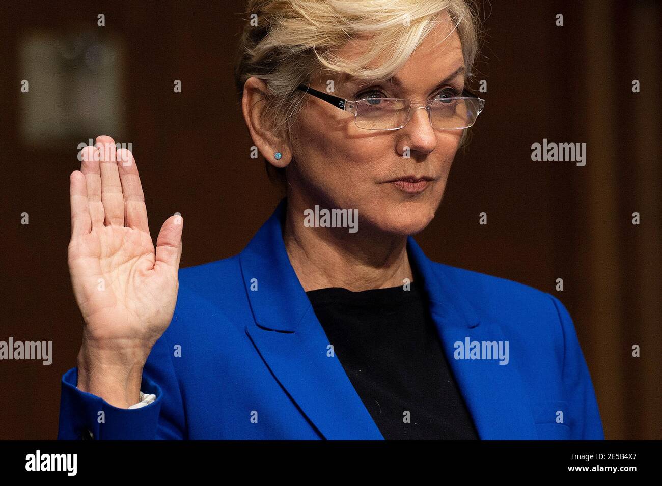 Former Michigan Governor Jennifer Granholm is sworn in prior to ...