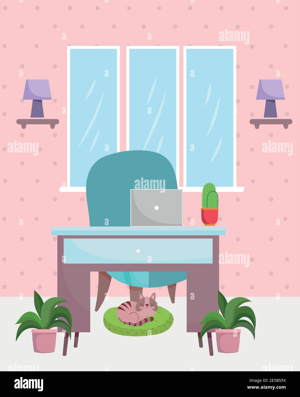 home office interior desk chair laptop cactus plants and cat vector ...