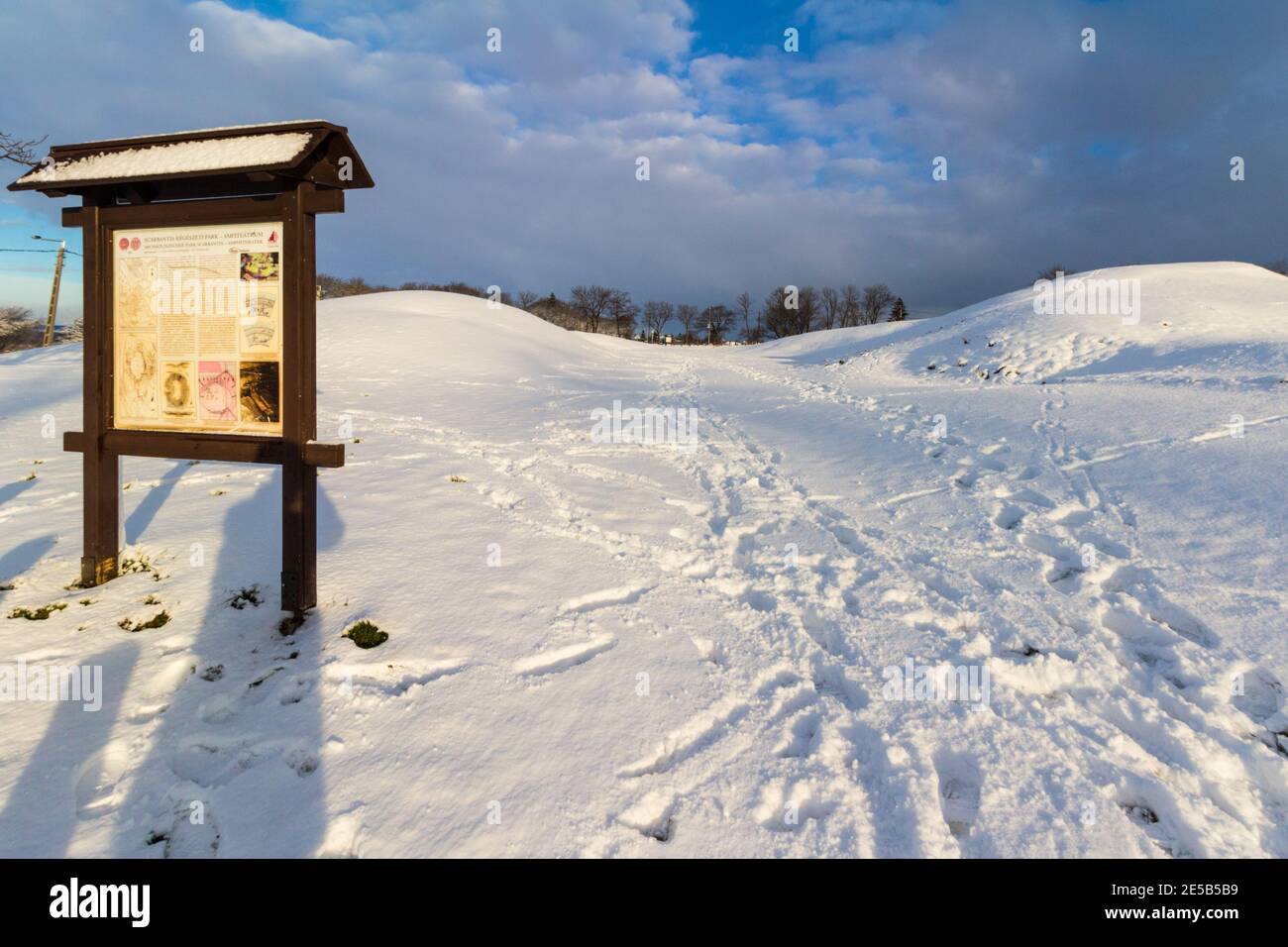 Ancient Roman amphitheatre covered with snow in winter, Becsi-domb ...