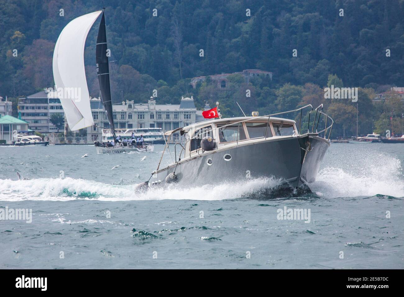 Speed Boat in Bosphorus Strait between Asia and Europa in Istanbul ...