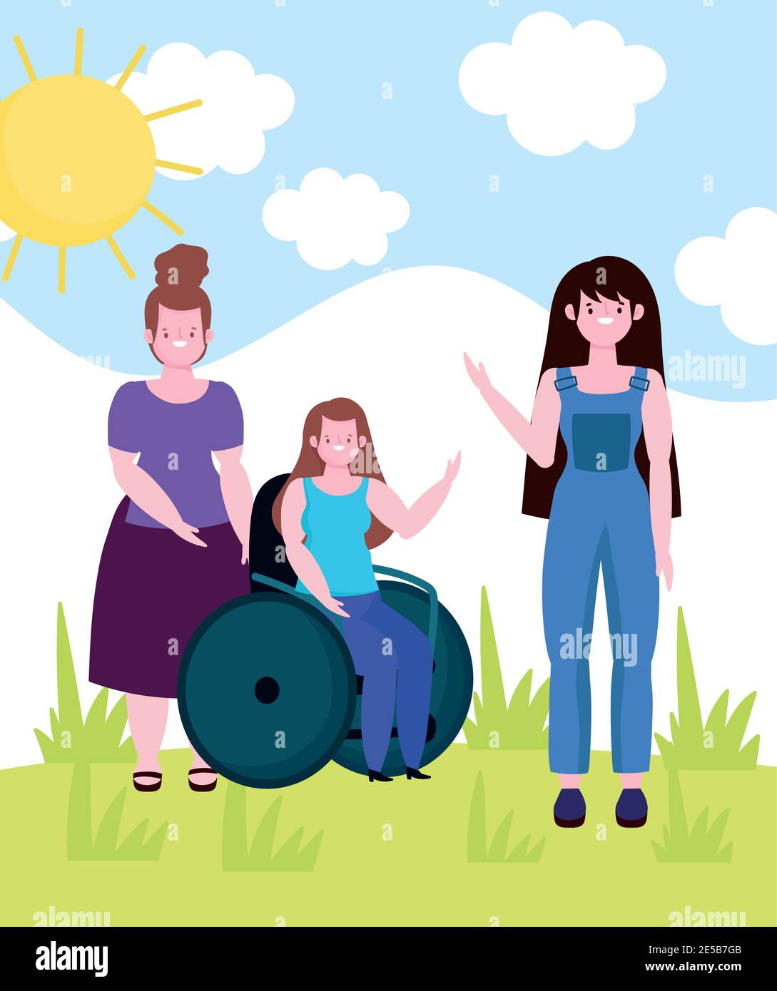 young woman fat character and disabled girl sitting in a wheelchair ...