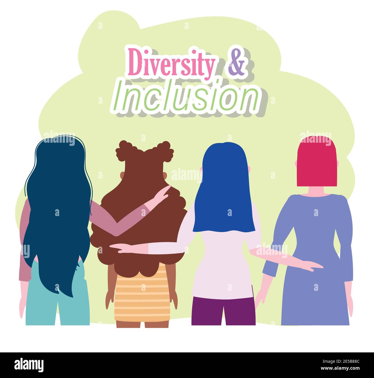 diverse group female hugging back view character and inclusion vector ...